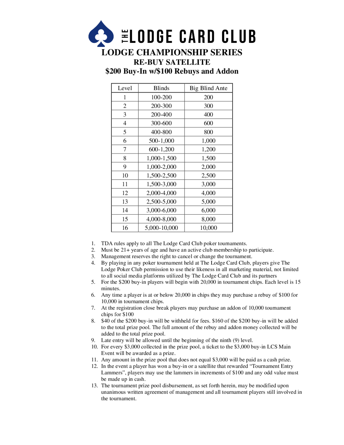 The Lodge Championship Series Schedule - The Lodge Card Club