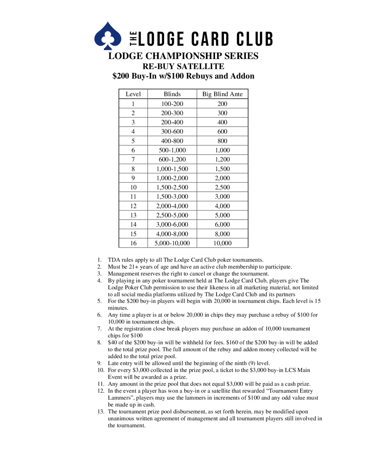 The Lodge Championship Series Schedule - The Lodge Card Club
